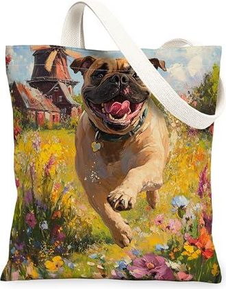Generic Spring Bullmastiffs Sac fourre-tout en toile r&eacute;utilisable pour faire du shopping 33 x 38,1 cm, sac d&eacute;picerie r&eacute;utilisable pour femme, motif floral, pl