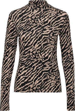 Kaffe Damen, Slim Fit, Lange Ärmel, Turtleneck, Bedruckt, Jersey-Top T-Shirt, Black and Brown Animal Print, M