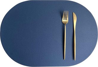 Railonch Oval Tischsets Abwischbar, Leder Kunstleder Platzset Zweifarbig Wasserdicht Platzdecken mit Untersetzer &uuml;r Hause K&uuml;che Restaurant (Blau/Grau,4 St&uuml;ck)