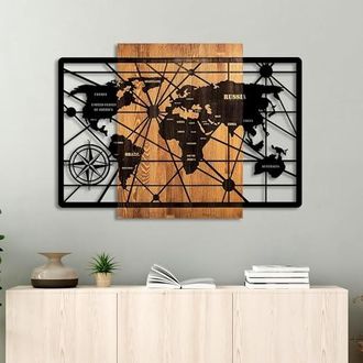 Wallity Elegant Decorative Wooden Wall Accessory, 70 x 96 cm | 100% Real Wood (3 cm) & Metal (1.5 mm) | Unique Walnut & Black Finish, Perfect for Home Decor
