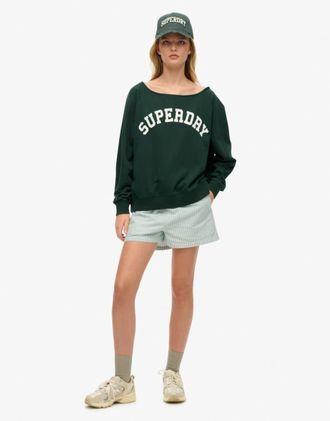 Superdry Athletic Essentials - Sweat ras de cou &agrave; encolure Bardot - Vert &eacute;meraude