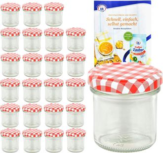 MamboCat 24er Set Sturzgläser 167 ml Deckelfarbe rot weiß kariert to 66 inkl. Diamant Gelierzauber Rezeptheft, Marmeladengläser, Einmachgläser, Einweckgläser, 