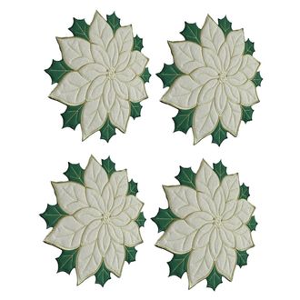 Cabilock 4 St&uuml;ck Weihnachtsstern Platzsets mit Besticktem Motiv Isolierende Tischsets aus Silberwei&szlig;em Leinen mit Schaumstoff Hitzebest&auml;ndig f&uuml;r Weihnachtsfeie