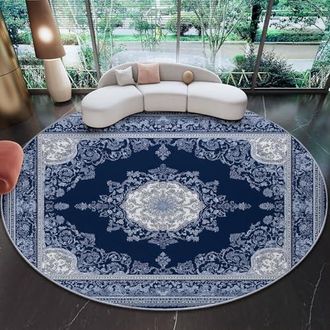 Generic Tapis Rond Salon, Fleurs rétro en Porcelaine Bleue et Blanche Tapis de Sol Décoration Antidérapant 150 cm (Round) Tapis de Sol Décoration Antidérapant
