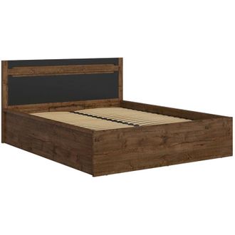 PEGANE Lit coffre 160x200 avec cadre sommier et rangement,,coloris Ch&ecirc;ne fonc&eacute;/Noir mat - Longueur 205,5 x Profondeur 169,5 x Hauteur 41-96,5 cm