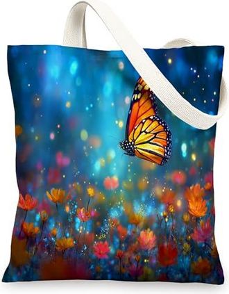 Generic Sacs fourre-tout en toile motif papillon, sacs dépicerie réutilisables, élégants et légers et lavables avec bandoulière, bleu, 13x15 Inch