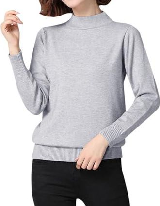 Generic Pull uni pour femme - Demi-col montant - Tricoté - Coupe ajustée - Pour le printemps, lautomne et lhiver, Gris clair., S