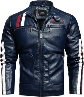 Generic Veste de moto en cuir patchwork vintage pour homme avec broderie en polyur&eacute;thane et fermeture &eacute;clair, Bleu fonc&eacute;., XL