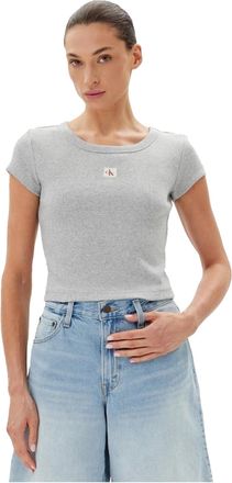 Calvin Klein Damen T-Shirt Kurzarm Woven Label Rib Baby Tee mit Rundhalsausschnitt, Grau (Bc06 Grey Heather), S