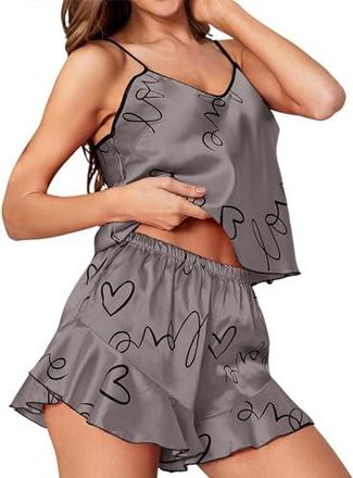 Generic Ensemble de pyjama 2 pi&egrave;ces pour femme avec d&eacute;bardeur doux et short &agrave; taille &eacute;lastique, gris, XXL
