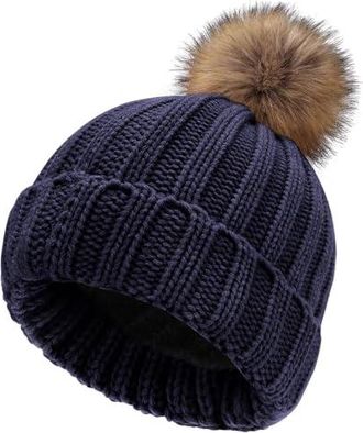 Neola Bonnet dhiver pour femme - Bonnet doubl&eacute; en polaire doux et chaud avec pompon amovible en fausse fourrure pour sports de plein air, ski, Style B - Ble