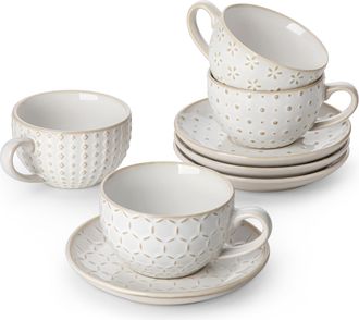 Malacasa Kaffeetassen Set mit Untertasse 8 tlg, Kaffeetassen und Untertassen 4 Personen, Steingut Kaffeeservice, Tassen Mit Relief 150ml, Serie LYDIA Beige(150