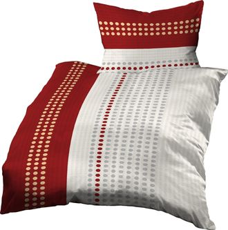 Gerald Wittmann Bettw&auml;sche 140x200 cm + 70x90 cm, Baumwolle Seersucker, Gepunktet Streifen Rot Gelb Wei&szlig;