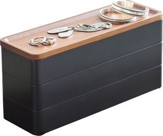Yamazaki Tableware Yamazaki 5810 RIN 3-stöckige schmale Accessoirebox mit Deckel, schwarz, ABS-Harz/Holz, minimalistisch, 24 x 8 x 11.5 cm