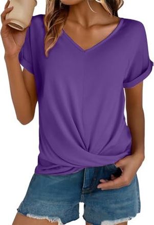 Generic Tee Shirt Femme Coton D&eacute;contract&eacute;e Blanc Tee-Shirt Hauts Et &Agrave; Manches Courtes D&eacute;t&eacute; Lache De Base T-Shirt Grande Taille Respirant Col en Rond Haut Blou
