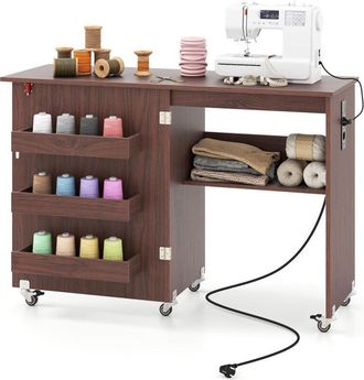 Costway Bureau Pliante avec Station de Charge, Table de Couture Pliable avec Étagère et Tiroirs, Armoire à Roulettes Verrouillables, 116 x 41 x 78 cm, Noyer