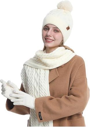 Generic Ensemble Bonnet Echarpe Gant, 3pcs Ensemble Bonnet Echarpe Femme avec Gants &Eacute;cran Tactile, Tricoter Bonnet Femme Hiver Pompom Coffret Cadeau pour Femm