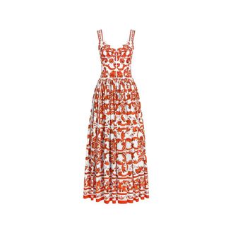 Dolce & Gabbana Majolika-Print Langes Popeline-Kleid - - Dresses - Damen - Rot - S