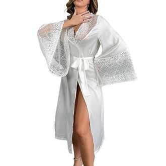 Generic Robe femme satin sexy manches longues ample élégante tulle transparente patchwork ceinturée tenue de détente