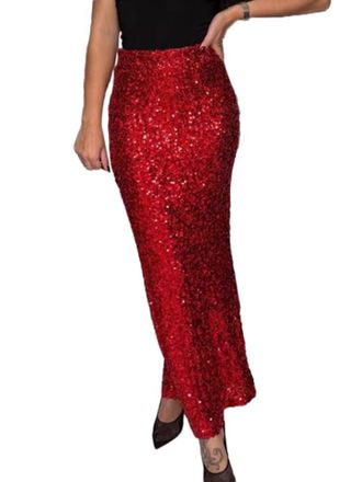 Onsoyours Damen Pailletten Party Rock Hohe Taille Lange Rock Maxirock A-Linien Bodycon Rock Einfarbig Freizeitrock A Rot M
