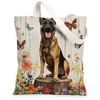 Generic Sac fourre-tout en toile motif chien malinois belge printanier 33 x 38,1 cm, sac d&eacute;picerie r&eacute;utilisable pour femme, animal de compagnie, peinture, d&eacute;c