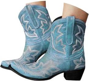 Generic Bottes de cowboy pour femme - Bottines de cowgirl occidentales &agrave; bout pointu - Talon bas et &eacute;pais - Broderie vintage - Talons moyens - Bottes de cowgi