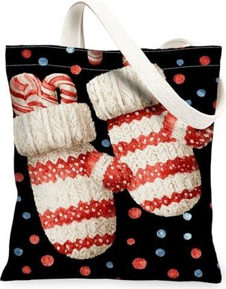 Generic Sacs fourre-tout en toile de vacances, joli motif moufles dhiver, sacs de courses r&eacute;utilisables, confortables et festifs, en coton l&eacute;ger, lavable, pou