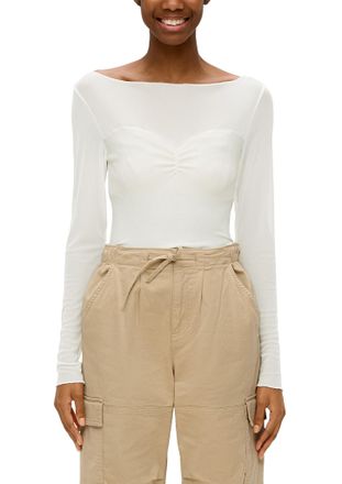 QS by s.Oliver Damen 2144067 Langarmshirt im Fabric Mix, Creme, XX-Large