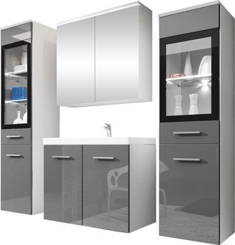 Mirjan24 Badm&ouml;bel Set Madrit II mit Waschbecken und Siphon, Komplettprogramme f&uuml;r Spiegelschrank, Waschtisch, Hochschrank (Wei&szlig;/Grau Hochglanz, mit wei&szlig;er LED 