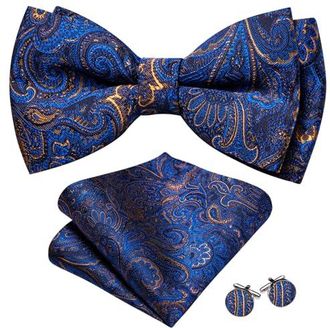 Barry.Wang Ensemble noeud papillon pr&eacute;-nou&eacute; en soie pour homme avec carr&eacute; de poche et boutons de manchette pour mariages et &eacute;v&eacute;nements formels, Fleur bleu marine