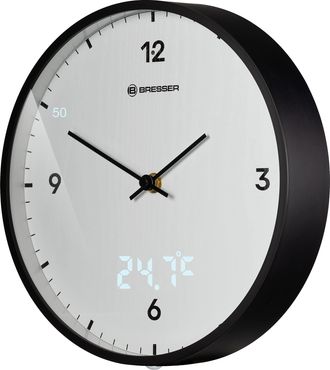 Bresser MyTime Wanduhr mit Funk ohne Tickgeräusche mit 24 cm großem Ziffernblatt, LED Sekundenanzeige, Innentemperatur und geräuschlosem Funkuhrwerk, weiß
