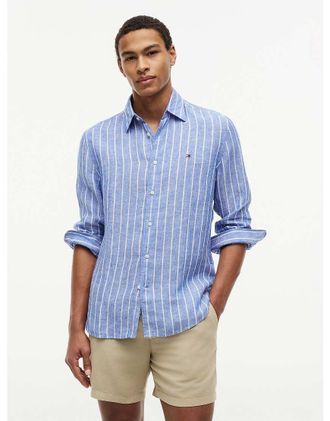 Tommy Hilfiger Strukturiertes Regular-Fit-Hemd aus reinem Leinen in Blau mit Streifen