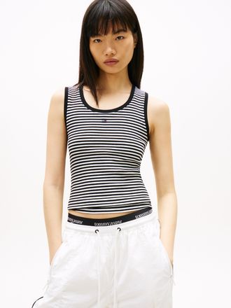 Tommy Jeans Tanktop TOMMY JEANS TJW ESSENTIAL RIB TANK EXT, Damen, Gr. XL (42), schwarz, ecru stripe, Single Jersey, Obermaterial: 95% Baumwolle, 5% Elasthan, ges
