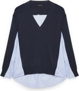 Fiorella Rubino Femme, Blouses et Chemises, Bleu, Taille: 38 FR Pull en V avec Inserts Ray&eacute;s