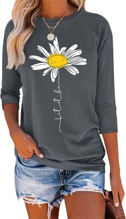 TOMWELL T-Shirt Damen 3/4 Arm Shirt Rundhals Grafik Druck Tshirt Sommer Leichte Pullover Oberteile A Dunkelgrau XXL