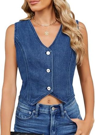 Feoya Gilet en Jean Femme Veste en Denim Boutonné Adulte Blouson Court sans Manches Col V Décontracté Jacket Outwear Bleu S