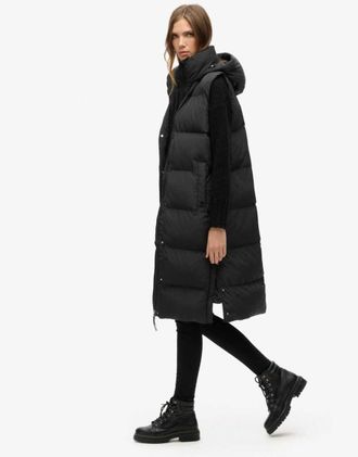 Superdry Longline-Pufferweste in Schwarz mit Kapuze
