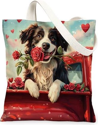 Generic Sacs fourre-tout vintage romantiques en toile, motif chien avec roses, sacs d&eacute;picerie r&eacute;utilisables, sacs d&eacute;picerie l&eacute;gers et lavables en toile pour v