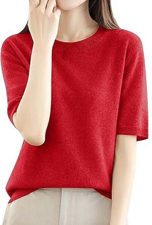 Generic T-shirt à manches courtes pour femme, coupe classique, grande taille, col rond, couleur unie, t-shirt en tricot pour la vie quotidienne, cadeaux de No
