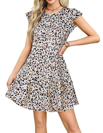 Zeagoo Sommerkleid Damen Leinen Kleider Casual Minikleid Kurzarm A-Linie Kleid Luftig Strandkleid Leicht Tshirtkleid Weiß Druck XL