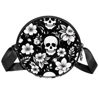 Generic Petit sac &agrave; bandouli&egrave;re circulaire pour femme, motif cr&acirc;nes, petit sac &agrave; dos &agrave; bandouli&egrave;re avec fermeture &eacute;clair, bretelles r&eacute;glables, sac &agrave; main rond