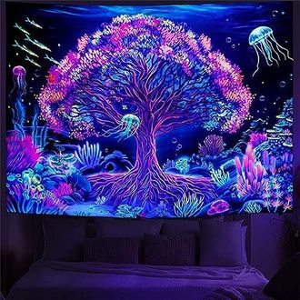 Brrnoo Tapisserie DArbre Fluorescente, Blacklight Arbre For&ecirc;t F&eacute;e Tapisserie Toile de Fond Mur Art D&eacute;cor UV Lumi&egrave;re Noire Tapisserie R&eacute;fl&eacute;chissante pour Cham