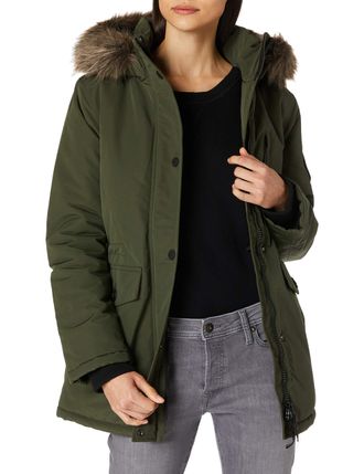 Superdry Damen Everest Parka mit Kapuze und Kunstfellbesatz Army Kaki 36