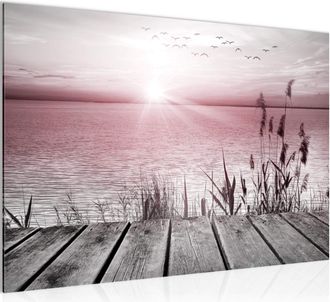 Runa Art Bild Brücke Am See Modern Wandbilder Wohnzimmer Schlafzimmer 1 Teilig - Made In Germany - Meer Grau Rosa Flur 034315b