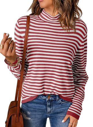 Dokotoo Pullover Damen Herbst Strickpullover Langarm Gestreift Rollkragenpullover Lässig Oversize Sweater Oberteile Langarmshirt Pulli Strick Winterpullover S