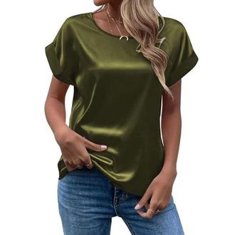 Generic Chemisier en satin de soie pour femme, col rond, manches courtes, tenue d&eacute;contract&eacute;e, haut &agrave; manches courtes, t-shirt &agrave; col rond, Vert-C., XXL