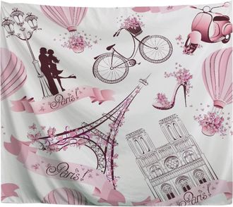 A.Monamour Wandteppich Romantische Reise In Rosa Muster Paris Stoff Tuch Tapisserie Wandbehang Wanddeko Wandkunst Wandbilder Wandtuch f&uuml;r Wohnzimmer Schlafzimmer