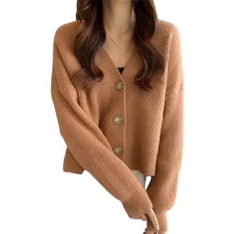 Generic Cardigan cor&eacute;en vert &agrave; manches longues et col en V pour femme, Orange, Taille XL