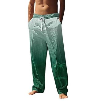 Generic Pantalon baggy en coton et lin pour homme 2026 - Pantalon en lin imprim&eacute; cocotier - Jambe droite - Pantalon d&eacute;contract&eacute; ample pour l&eacute;t&eacute;, la plage, les