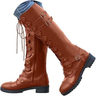 Generic Bottes hautes pour femme - Bottes &agrave; lacets tendance avec boucle - Bout rond - Talons &eacute;pais - En cuir denim - Bottines dhiver d&eacute;contract&eacute;es &agrave; talon com